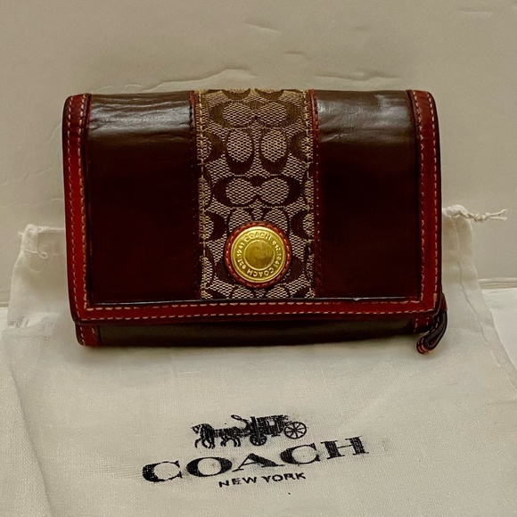 Coach | Bags | Coach Brown Monoleather Trimbifold Compact Wallet With ...